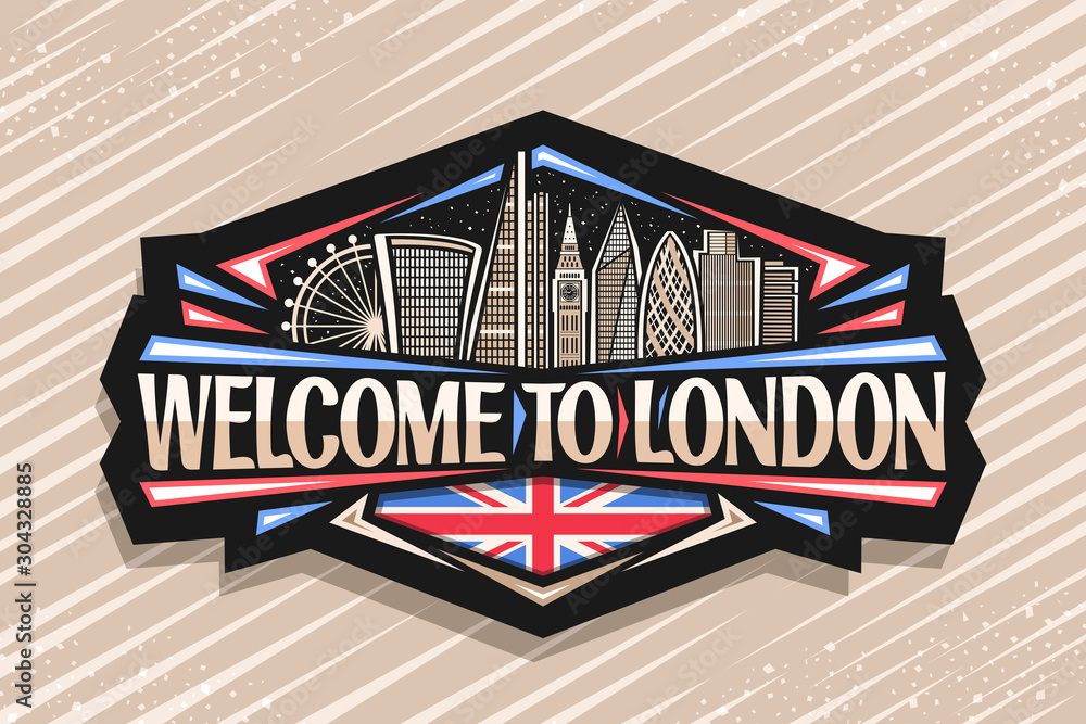 Vector logo for London, black decorative label with art draw of cartoon ...