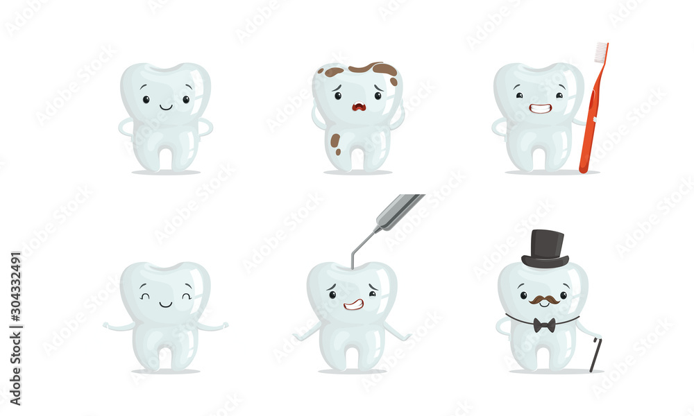 Cartoon Teeth Characters Collection. Teeth Medical Treatment Concept ...