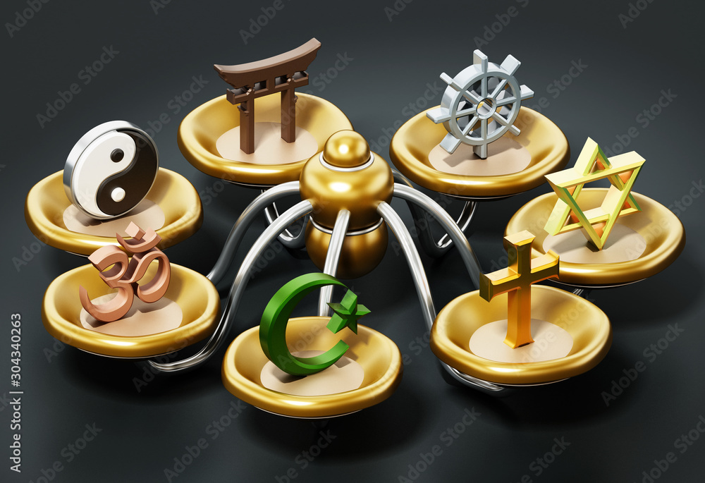 Spiritual and religious symbols isolated on black. 3D illustration ...