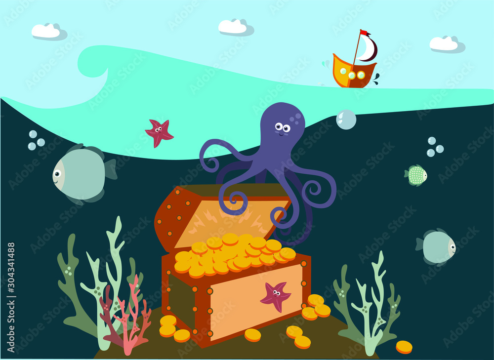 boy pirate looking for treasure, underwater treasure, cartoon marine ...