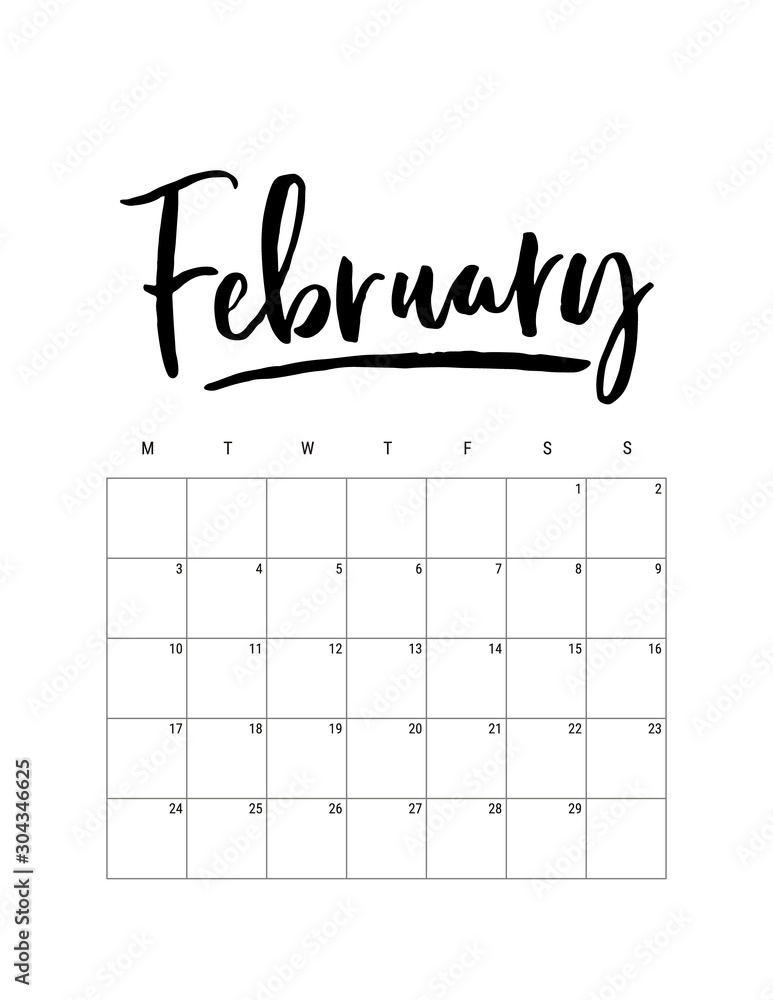 2020 February month. Wall calendar desk planner, weeks start on Monday ...