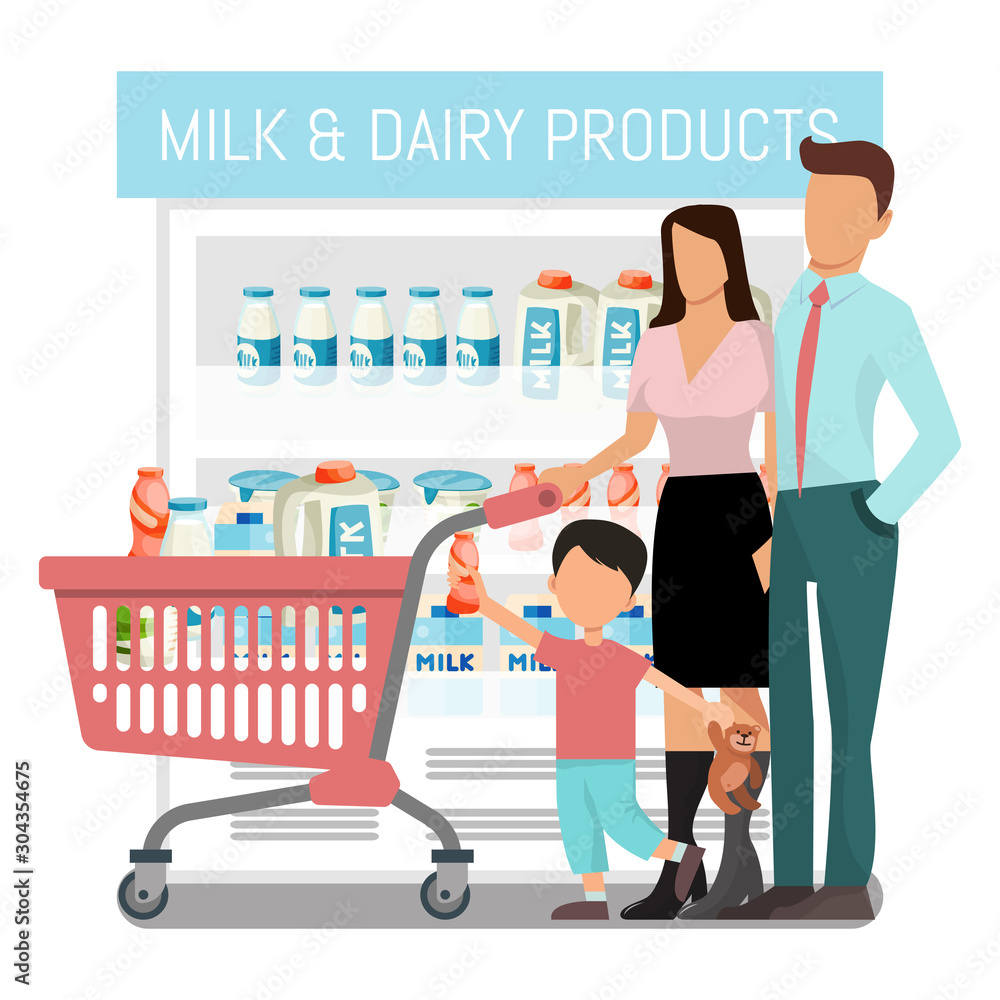 Customer in food store buy dairy products vector illustration. Family ...