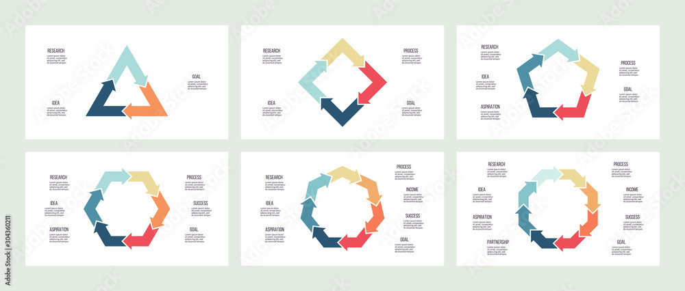 Business infographics. Polygon charts with 3, 4, 5, 6, 7, 8 parts ...