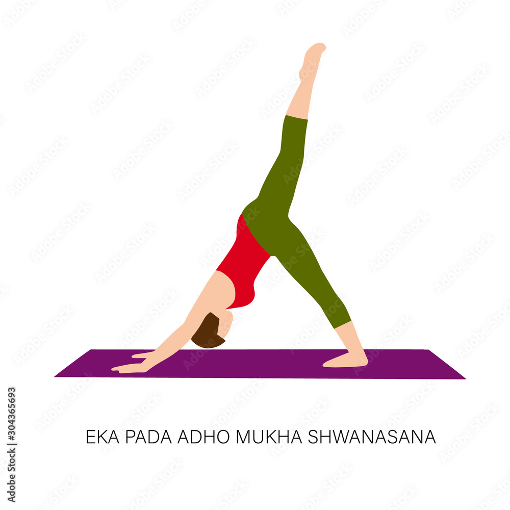 Yogi woman in Eka Pada Adho Mukha Svanasana or Three-Legged Dog Pose ...