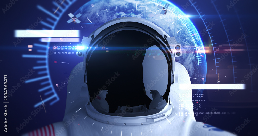 Astronaut Flying In Space With Advanced Hud Helmet. Planet Earth Is ...