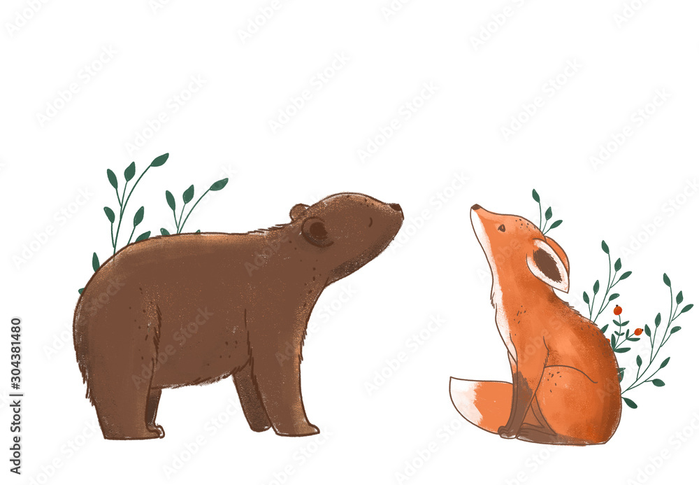 Cute bear and fox with plants. Bear and fox with floral green branch ...