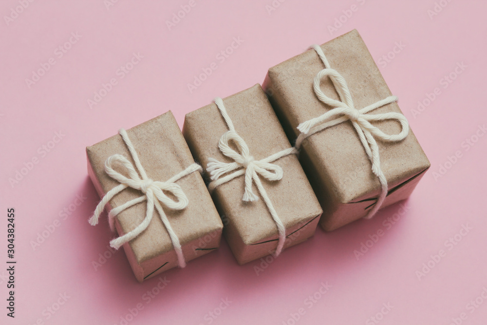 Set of parcels wrapping in brown craft paper and tie hemp string ...