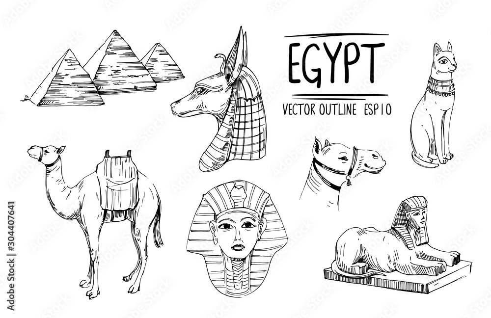 Objects of Egypt: camel, pyramids, sphinx, gods. Hand drawn sketch ...