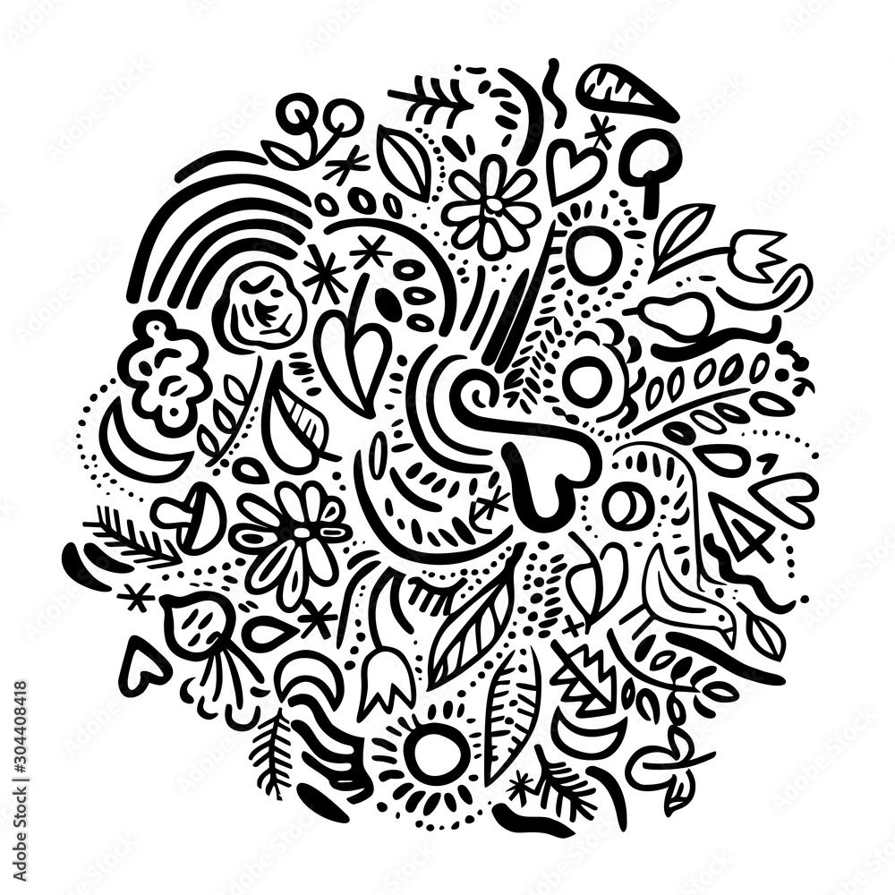 Calligraphic round illustration of planet Earth made of small nature ...