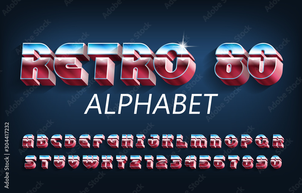 Retro 80 alphabet font. 3D effect letters and numbers with shadow ...