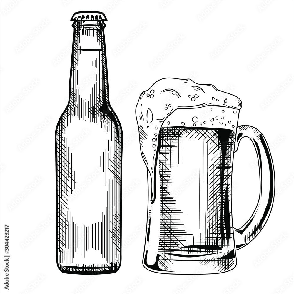 Set of the beer bottle and glass vector illustration, hand drawn sketch ...