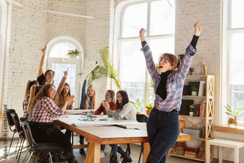 Women's rights and equality at the office. Caucasian businesswomen or ...