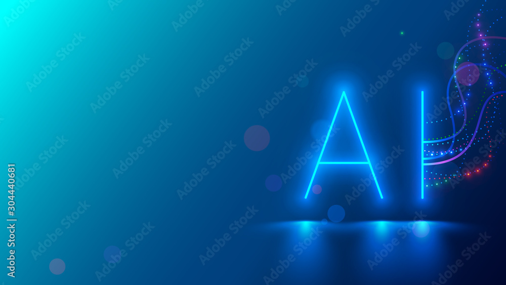 AI technology neon character hanging on blue background. Abstract ...