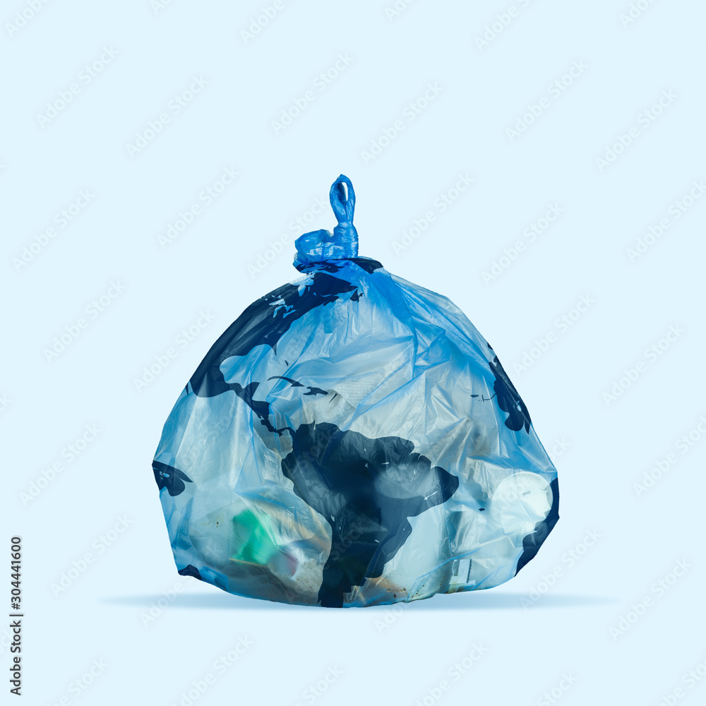 Garbage pack as a planet on blue background. Copyspace. Modern design ...