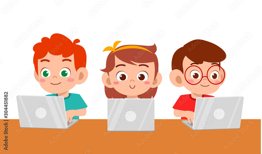 happy cute kids boy and girl using laptop Stock Vector | Adobe Stock