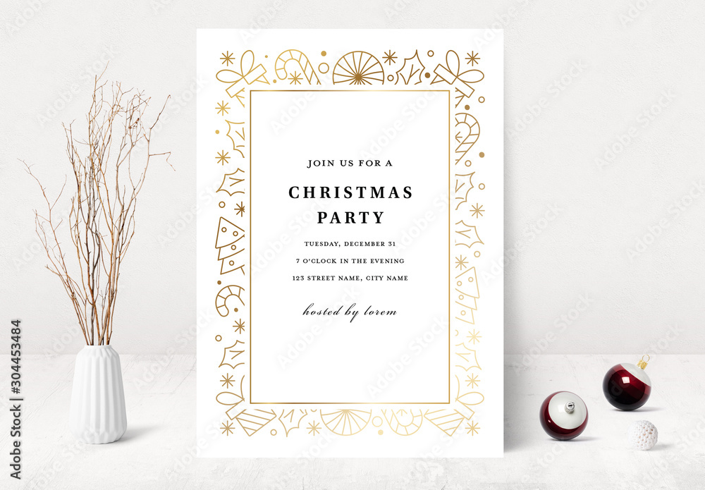Christmas Party Invitation Layout with Gold Elements Stock Template ...