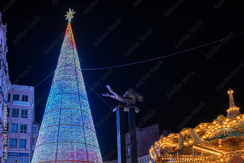 Christmas lights in Vigo, leds tree carousel and the sireno sculpture ...