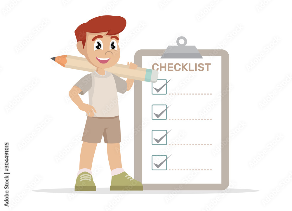 Cartoon character, boy with marked checklist Stock Vector | Adobe Stock