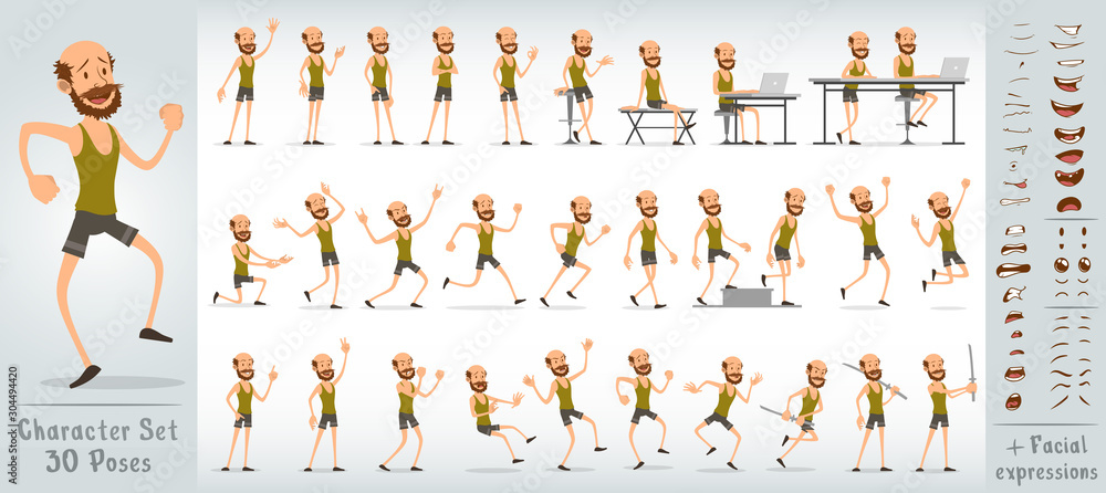 Cartoon funny cute sport boy character in shorts and shirt with beard ...