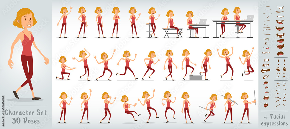 Cartoon funny cute sport blonde girl character in pink shirt. 30 ...