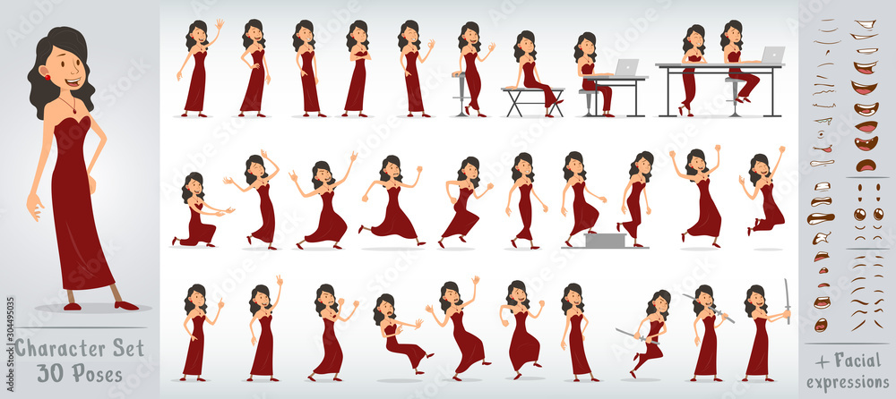 Cartoon funny cute handsome girl character in red evening dress. 30 ...