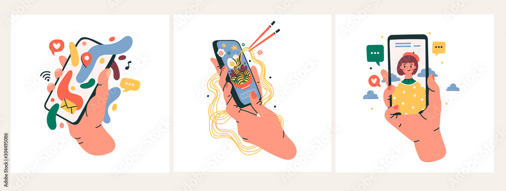 Set of hands that hold smartphones with various images. Communication ...