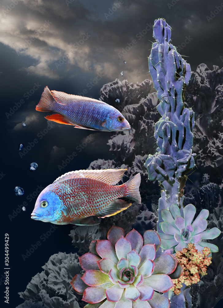 Tropical fish and succulents against a dark sky with clouds, fantastic ...