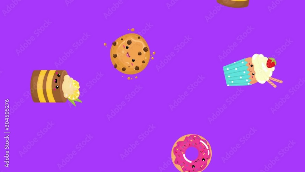 Bright, colorful animation of falling cakes. Simple flat, cartoon ...