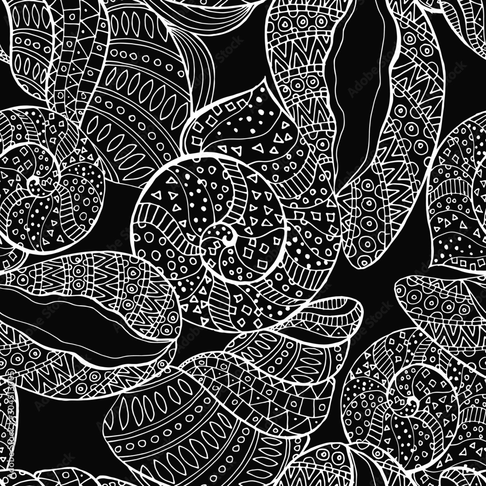 seamless pattern in black and white, drawing of sea shells, coloring ...