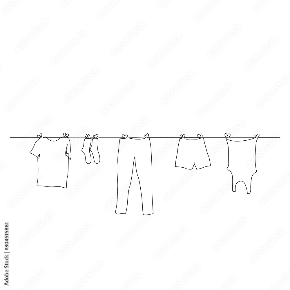 Continuous one line clothes dry on a rope. Vector illustration. Stock ...