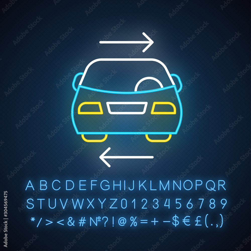 Shared car service neon light icon. Vehicle for rent. Carpooling. Ride ...