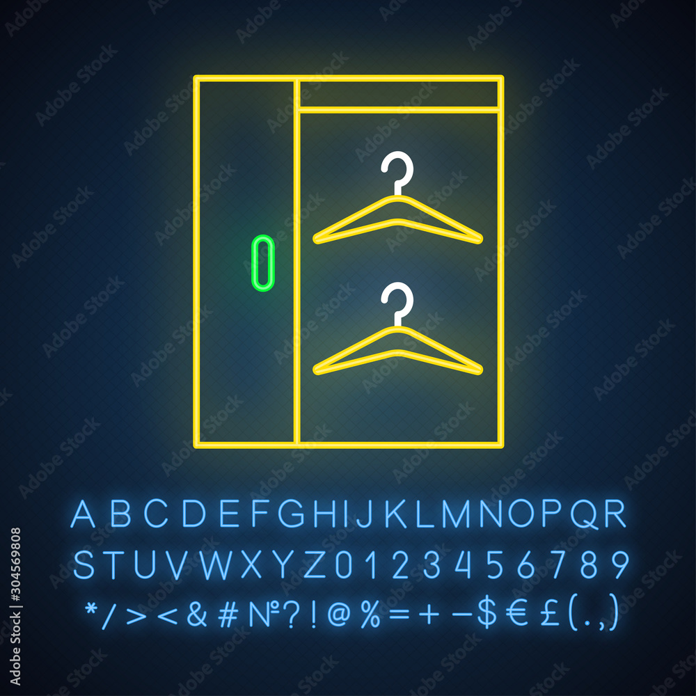 Walk in closets neon light icon. Dressing room. Wardrobe. Cupboard ...