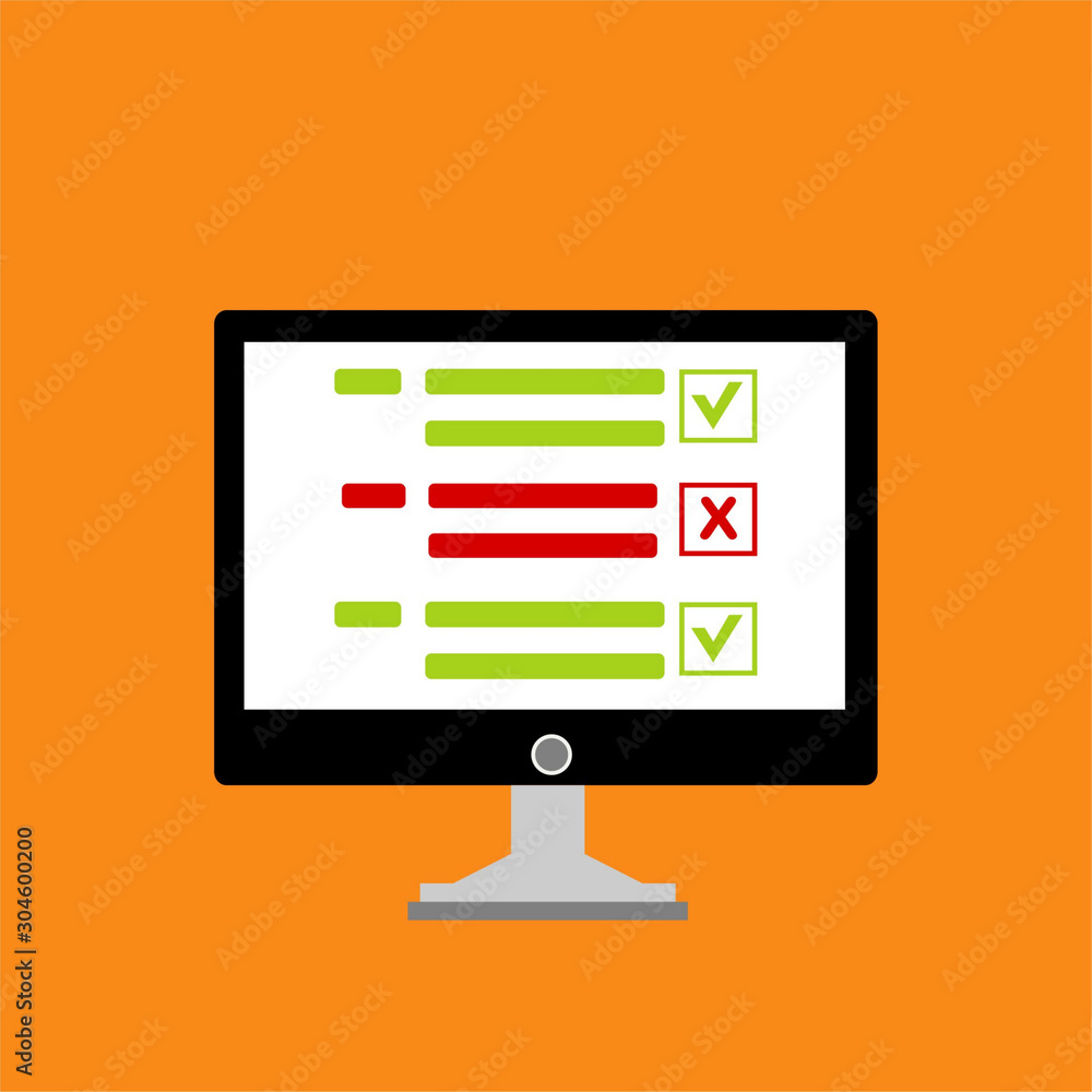 Laptop and checkboxes with check mark. Checklist, white tick on laptop ...