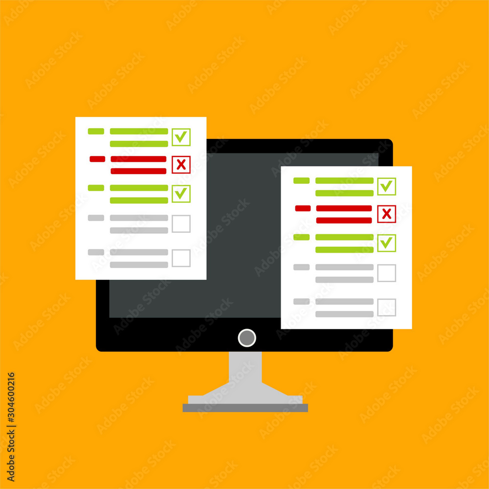 Laptop and checkboxes with check mark. Checklist, white tick on laptop ...