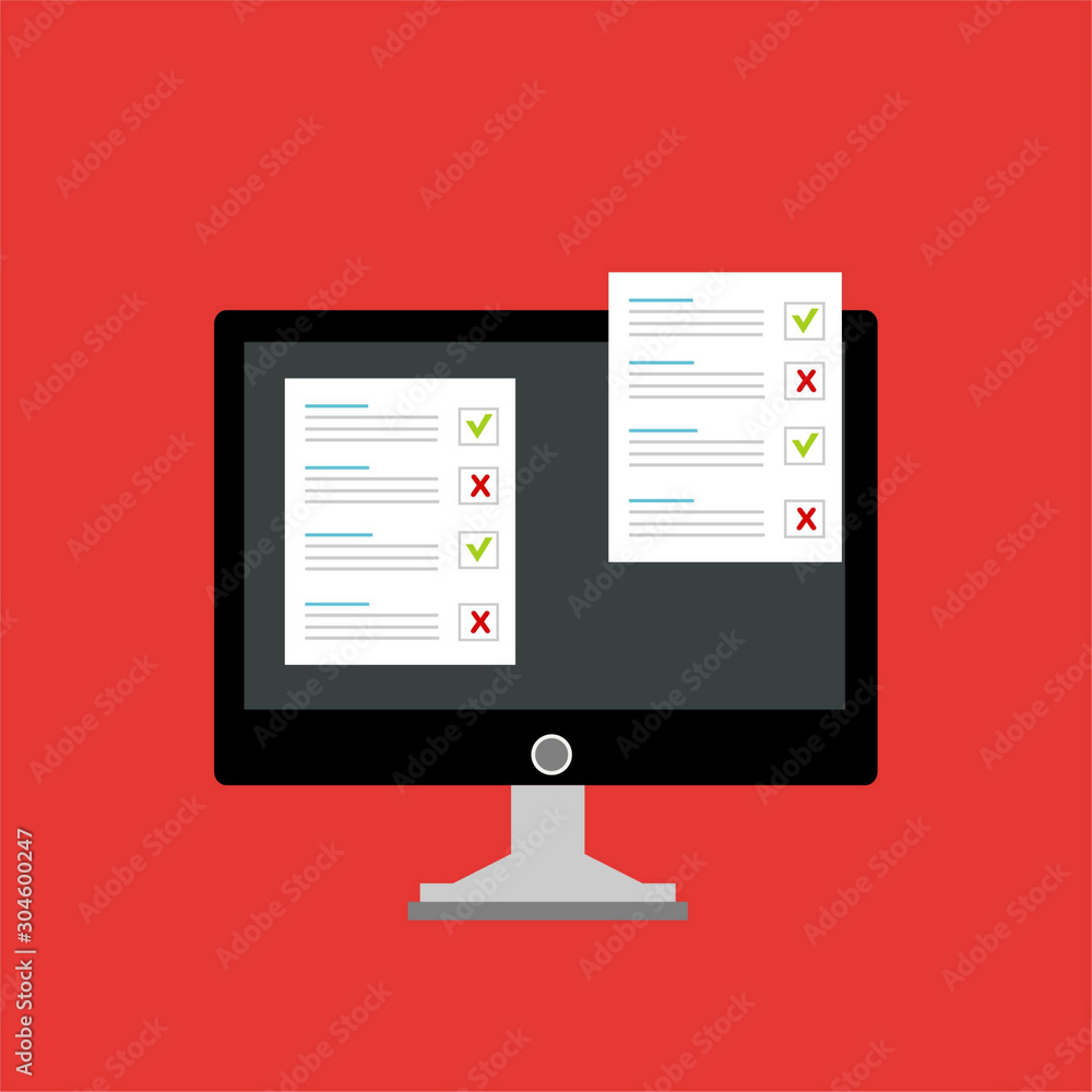 Laptop and checkboxes with check mark. Checklist, white tick on laptop ...