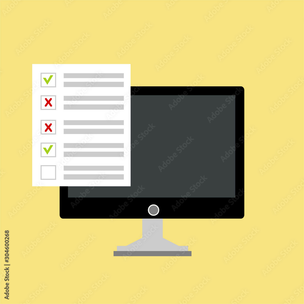 Laptop and checkboxes with check mark. Checklist, white tick on laptop ...
