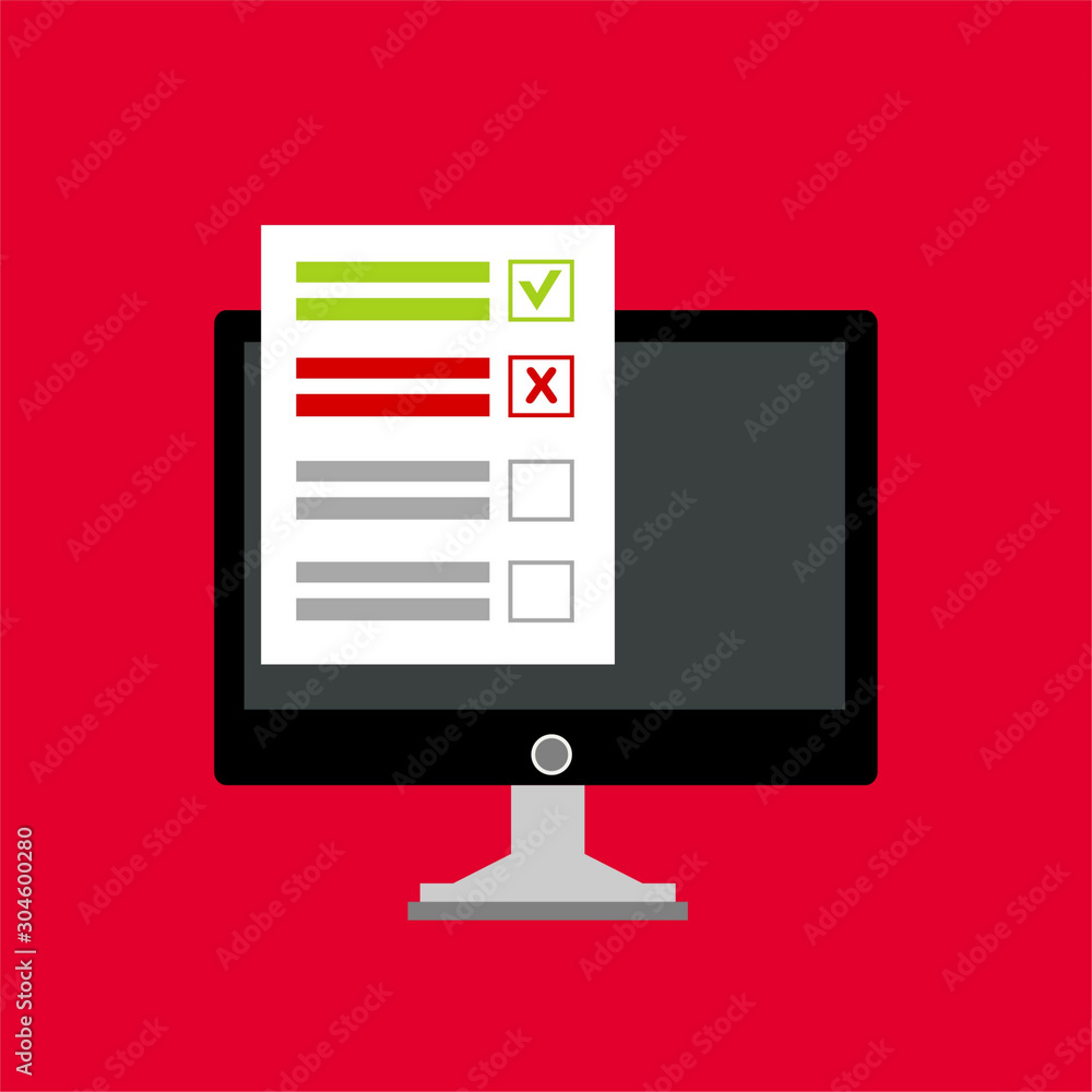 Laptop and checkboxes with check mark. Checklist, white tick on laptop ...