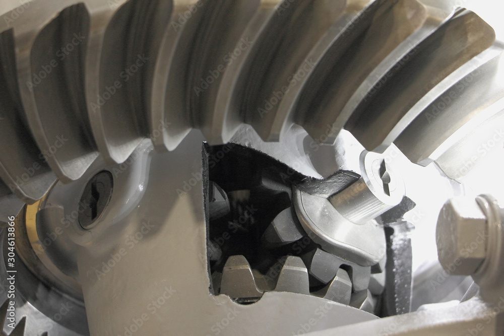 Car gear section close up, Hypoid transmission model, planetary gearing ...