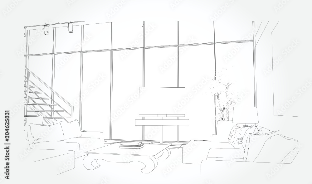 Linear sketch of an interior. Living room plan. Sketch Line sofa set ...