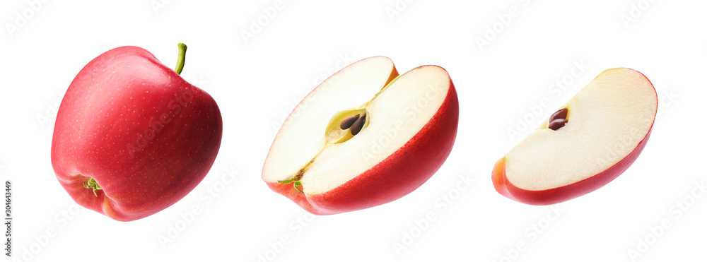 Set of fresh whole, cut half and slice red apple isolated on white ...