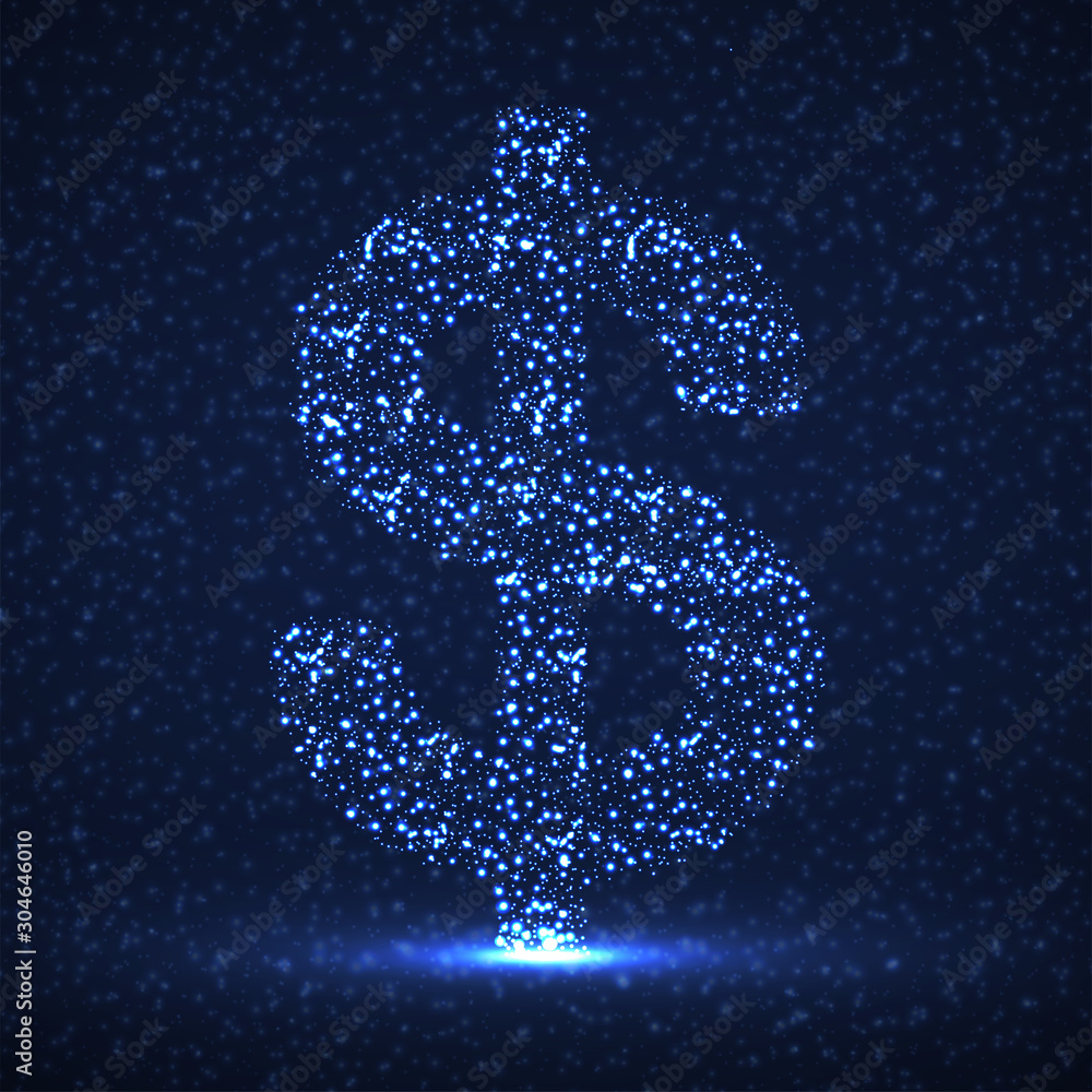 Abstract dollar sign of glowing particles. Neon financial symbol ...