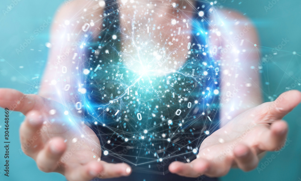 Woman creating renewable and sustainable eco energy with electrical ...