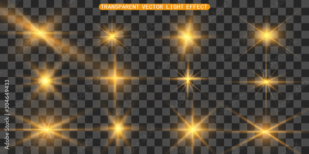 Set of gold bright beautiful stars. Light effect Bright Star. Beautiful ...