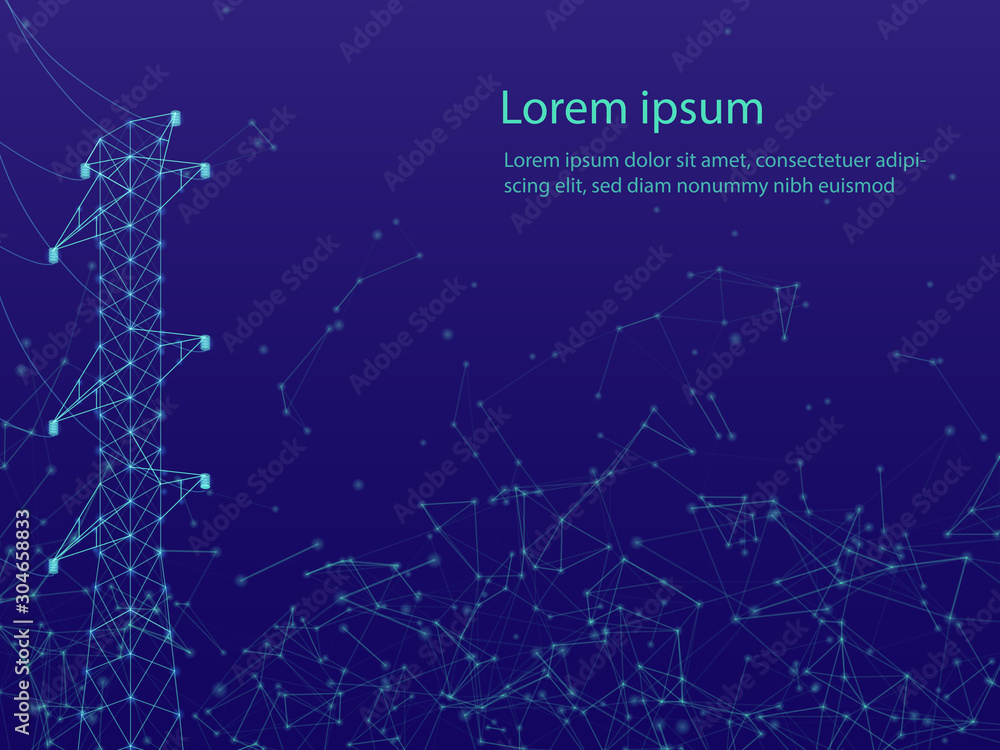 Blue background with High Voltage Power Pylon in isometric style. Steel ...