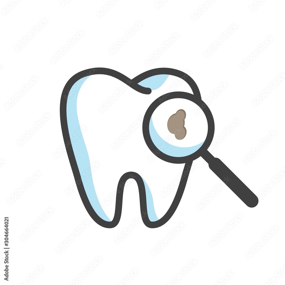 Dental care icon with unhealthy teeth. Tooth decay. Caries in magnifier ...