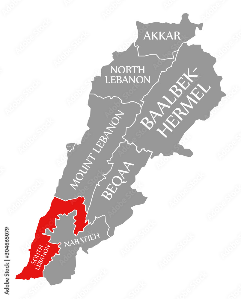 South Lebanon red highlighted in map of Lebanon Stock Illustration ...
