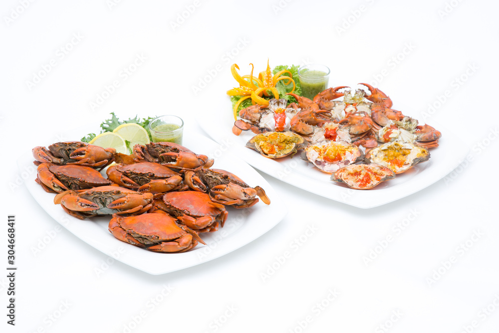 Boiled crab fresh and hot - delicious appetizer Steamed crabs and crab's spawn with seafood ...
