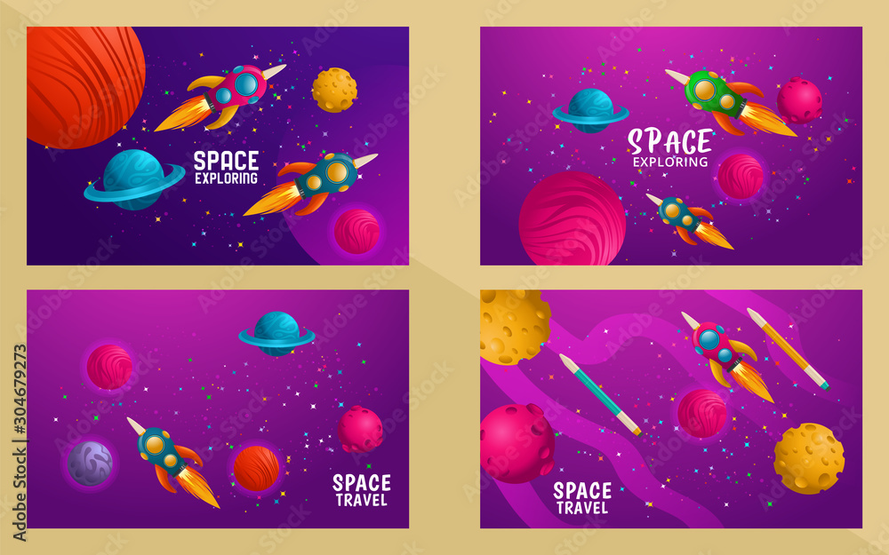 huge universe vector brochure cards. Outline outer space rocket ...