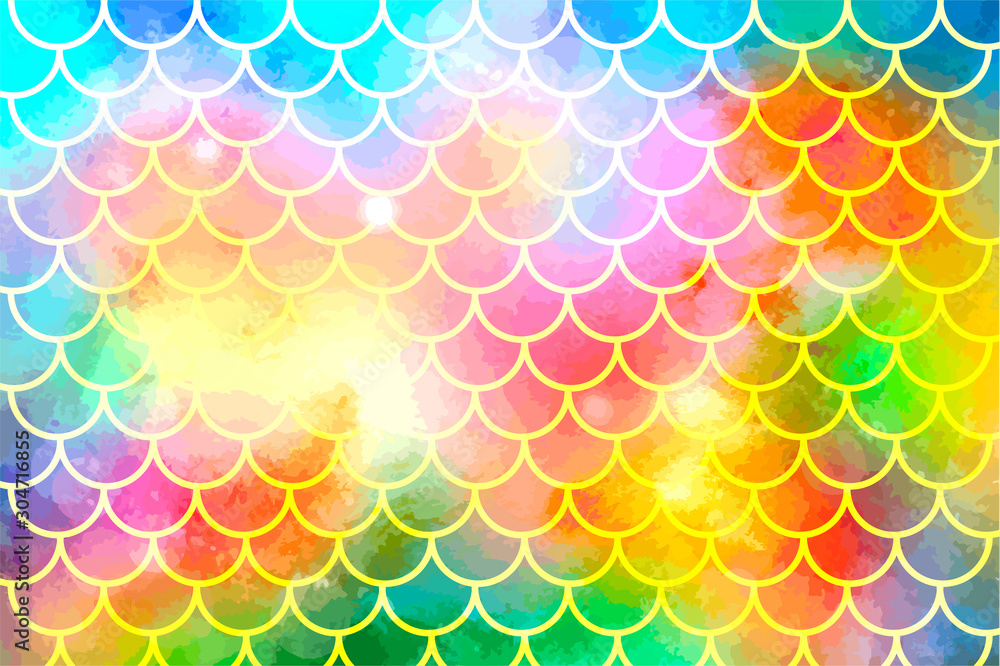 Bright colorful mermaid scales. Watercolor fish scales. Underwater sea ...