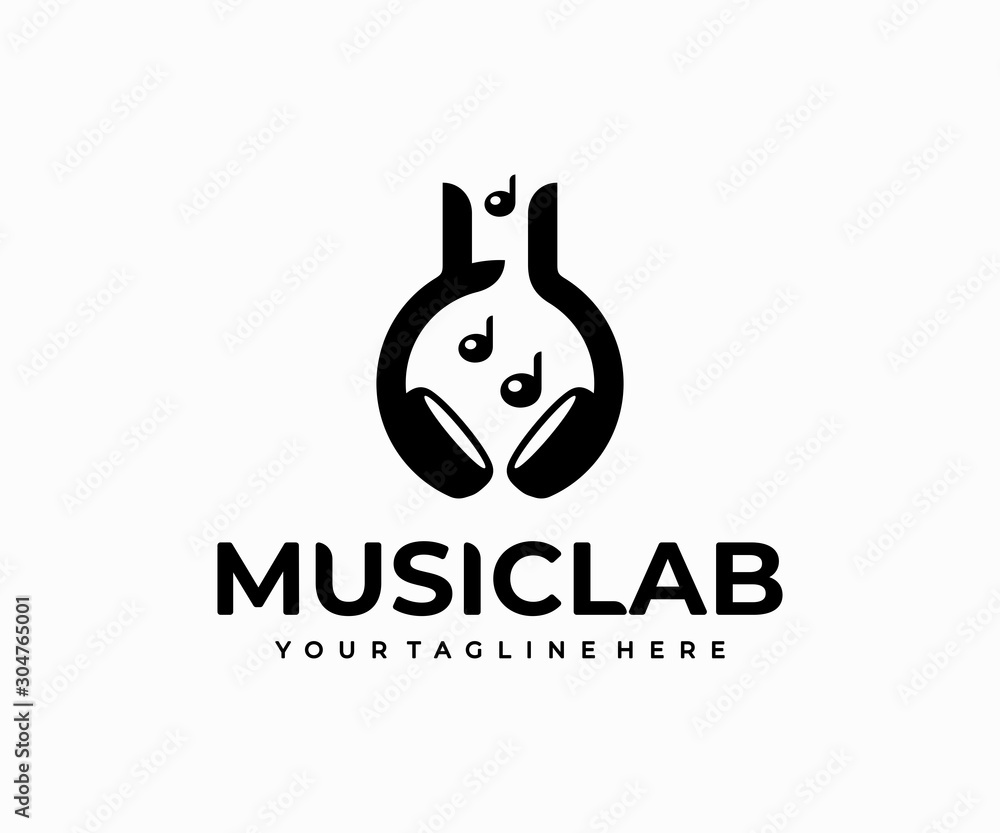 Music lab logo design. Chemistry flask and headphone vector design. DJ ...